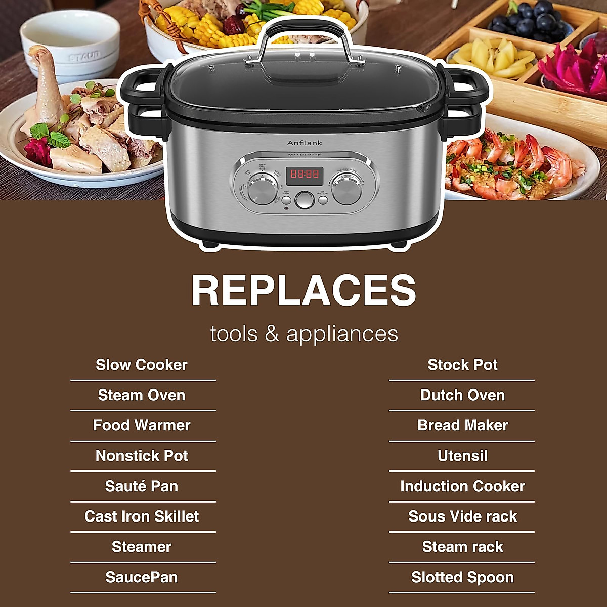 Anfilank 10-in-1 Programmable Slow Cooker with Timer, 6.8 Quart Crock Pot, Presets to Sous Vide, Bake, Sauté, Cook Rice& More, Nonstick Dishwasher-Safe Pot, Adjustable Temp&Time, Stainless Steel
