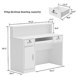 AIEGLE Reception Desk with Counter, Retail Counter with Lighted Display Shelf & Lockable Drawers, for Salon Reception Room Checkout Office, White (47.2" W x 19.7" D x 39.2" H)