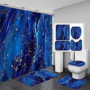 Bathroom Sets with Shower Curtain and Rugs, Bathroom Curtains Shower Set Include Waterproof Shower Curtain Non-Slip Rug Toilet Lid Cover Bath Mat and 12 Hooks, Blue Marble Shower Curtains for Bathroom