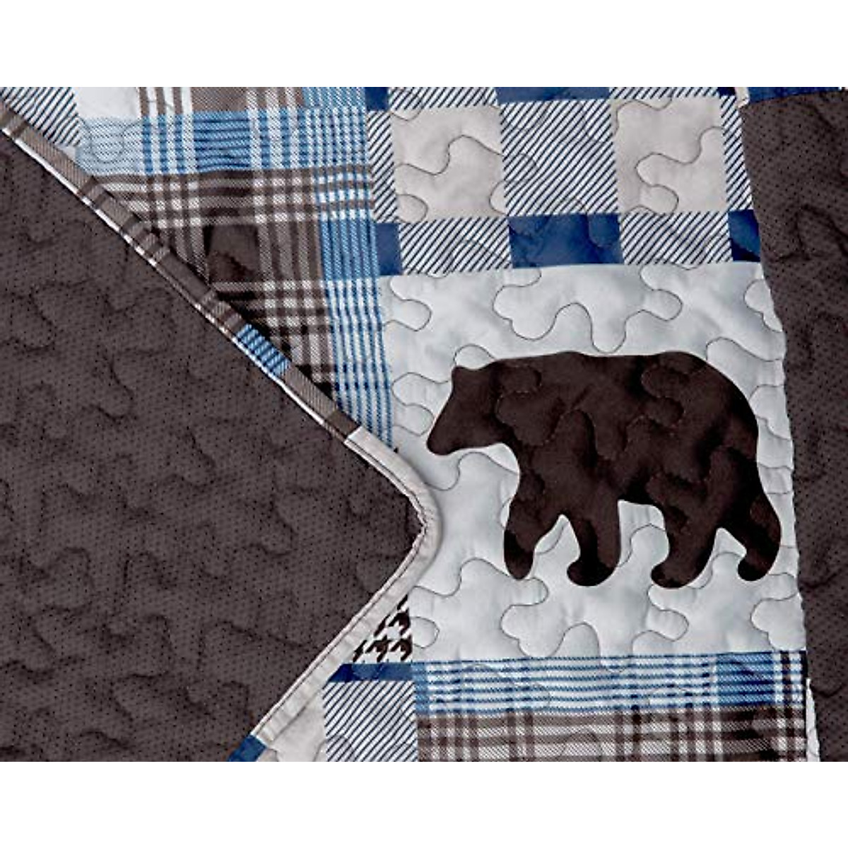 Rustic Modern Farmhouse Cabin Lodge Quilted Couch Sofa Loveseat Armchair Chair Recliner with Patchwork of Grizzly Bears and Buffalo Plaid Check Houndstooth Patterns Beige Blue - Western 2 (Chair)