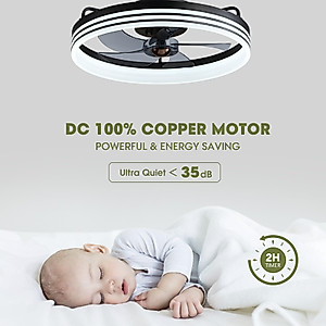 LUDOMIDE Ceiling Fans with Lights, Flush Mount Ceiling Fan with Lights and Remote, 6 Wind Speeds Smart Low Profile Ceiling Fan for Bedroom, Kids Room and Living Room 20" (Black)