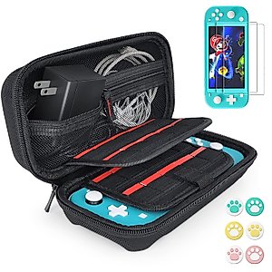 Daydayup Switch Case Compatible with Nintendo Switch Lite with 2 Pack Screen Protector & 6 Pcs Thumb Grip, 20 Game Cartridges Hard Shell Travel Carrying Switch Lite Console & Accessories, Black