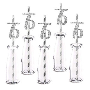 Silver Happy 75th Birthday Straw Decor, Silver Glitter 24pcs Cut-Out Number 75 Party Drinking Decorative Straws, Supplies