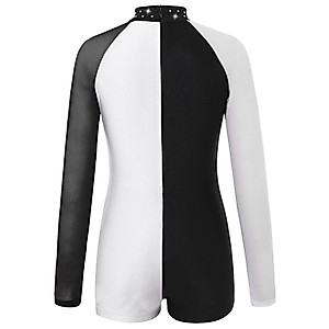 FEESHOW Leotards for Girls Gymnastics Children Long Sleeve Zipper Back Biketard Unitard Jumpsuit with Shorts Black&White 14 Years