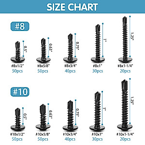 410 Stainless Steel #8#10 Self Tapping Screws for Metal, 380 PCS Self Drilling Screws Assortment Kit, Black Oxide, Modified Truss Head Self Tapping Sheet Metal TEK Screws, Length 1/2" to 1-1/4''