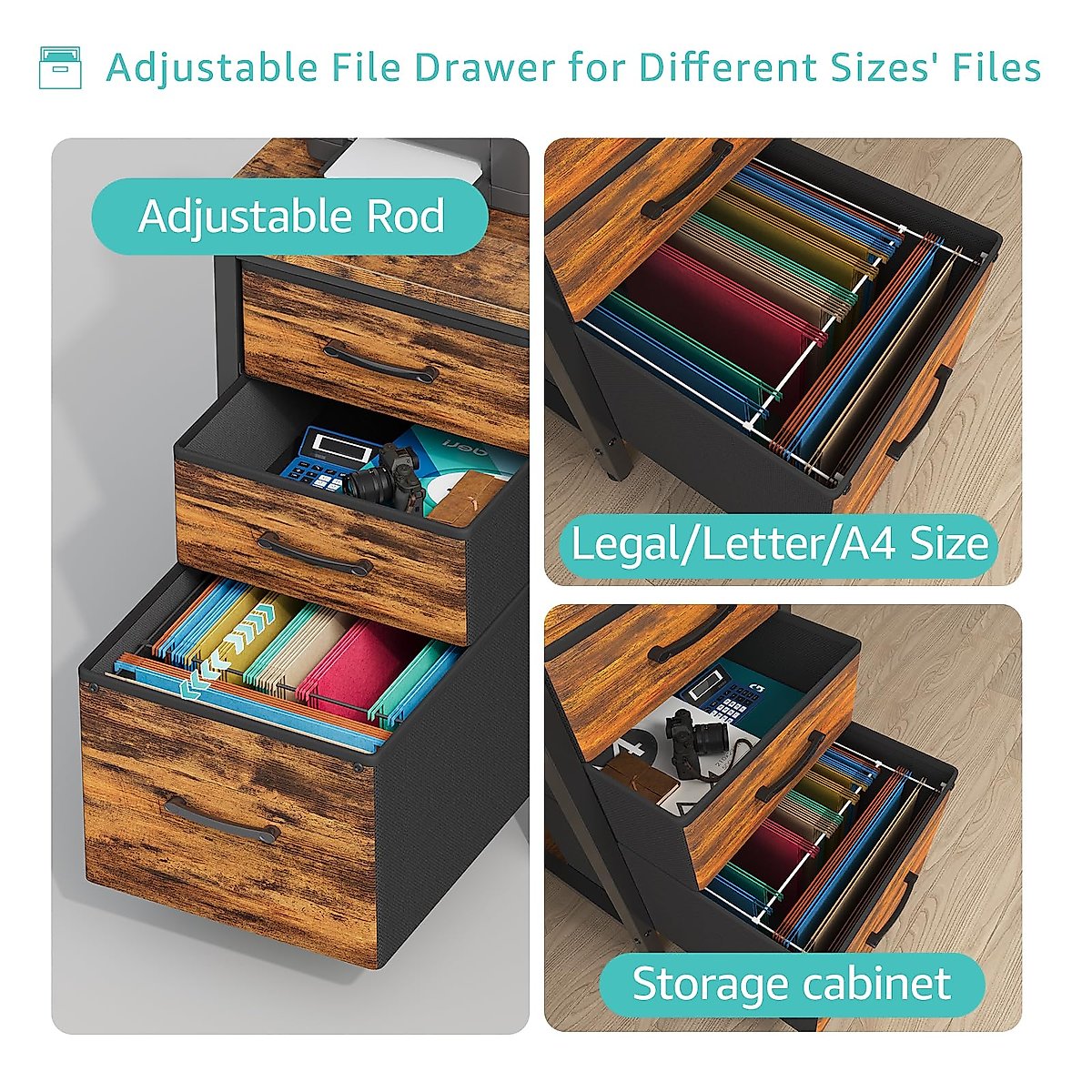 Lufeiya Computer Desk with Fabric File Drawers Cabinet, 47 Inch Home Office Desks with Filing Cabinet for Small Space, Study Writing Table PC Desks, Rustic Brown