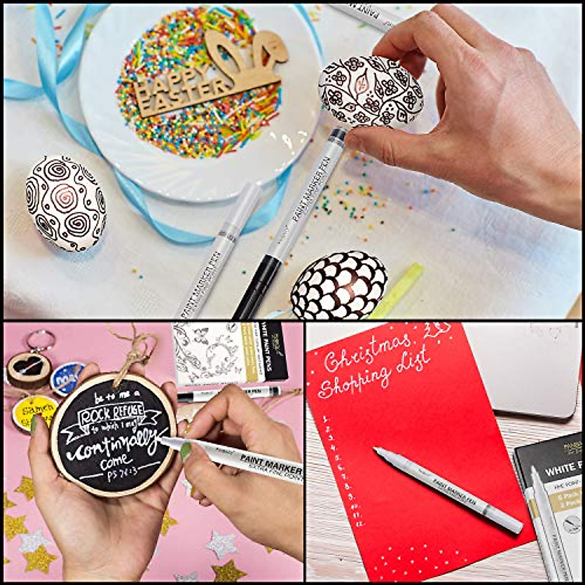 PANDAFLY White Paint Pens, 8 Pack 0.7mm Acrylic Permanent Marker 6 White With 2 Black Paint Pens for Wood Rock Plastic Leather Glass Stone Metal Canvas Ceramic, Extra Fine Point Opaque Ink