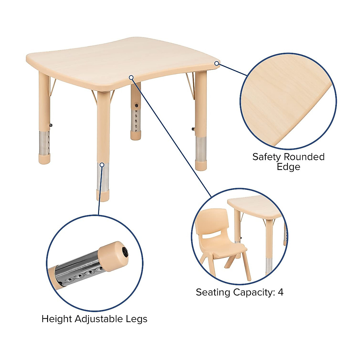 Flash Furniture Emmy 21.875"W x 26.625"L Rectangular Natural Plastic Height Adjustable Activity Table Set with 2 Chairs