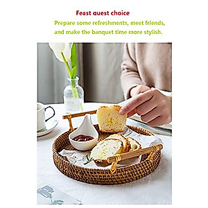 Hand-Made Round Rattan Tray with Handle, Food Basket, Basket, Perfect for displaying Bread, Coffee Breakfast or Fruit 11x11xo.39in