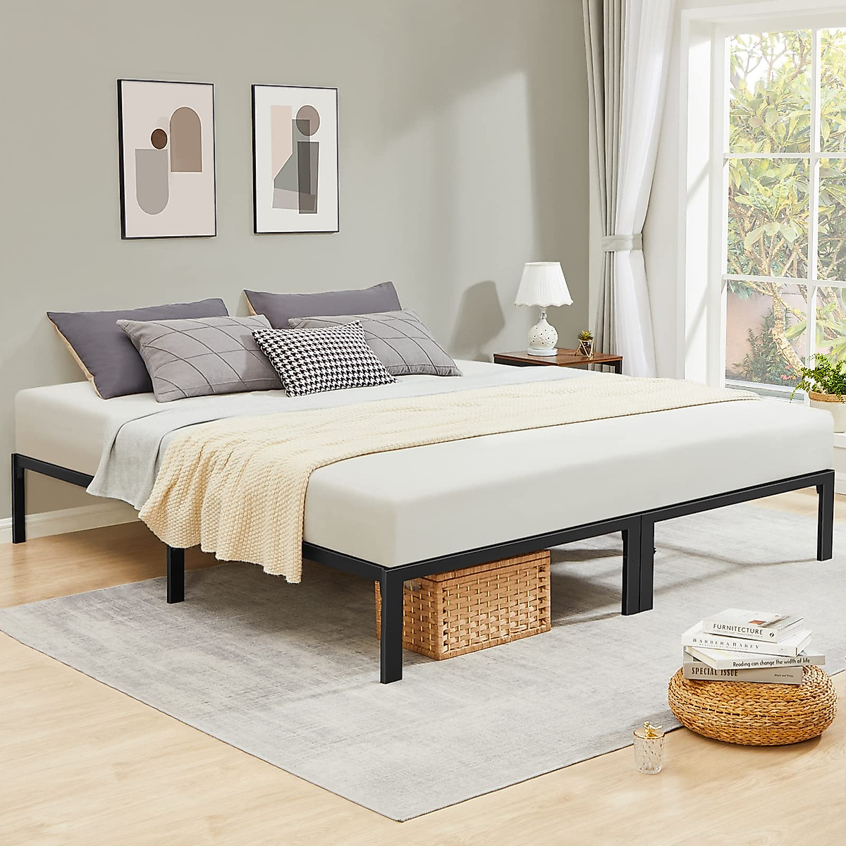 GreenForest King Size Bed Frame Easy Quick Assembly Metal Platform Bed Base and 69 inch L Shaped Desk with Drawers and Power Outlet and USB Ports