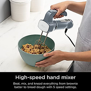 Ninja CI105BRN Foodi Power Mixer System, 750-Peak-Watt Immersion Blender and Hand Mixer, EasyGlide Beaters, Dough Hooks, 3-Cup Blending Vessel, Sea Salt Gray