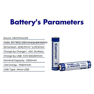 Keeppower Protected 16650 Li-ion Battery P1621U USB Rechargeable 3.6V 2100mAh 7.56Wh Flashlight Battery Included with a 2-in-1 Charging Cable (2 Pack)