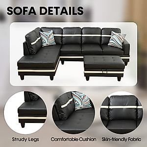 Caberryne Sectional Couch for Living Room Furniture Set Black,Sectional Sofa Set L Shape Sofa and Chaise with Storage Ottoman for Living Room/Apartment（Black,Facing Left Chaise）