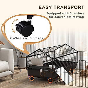 PawHut Small Animal Cage with Foldable Run Area, Rolling Bunny Cage, Guinea Pig Cage, Hedgehog Cage with Water Bottle, Water Bowl, and Ramps, 46.5"