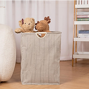 3-Pack 65L Collapsible Laundry Basket with Wooden Handles, Ideal for Tidying Clothes, Blankets and Toys,Laundry Hamper Perfect for Bedroom, Bathroom, and Living Room Organization (Striped Set)