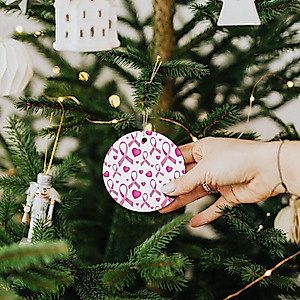Breast Cancer Pink Ribbon Christmas Decorations Round Ceramic Hanging Ornament Xmas Decor for Christmas Tree Party