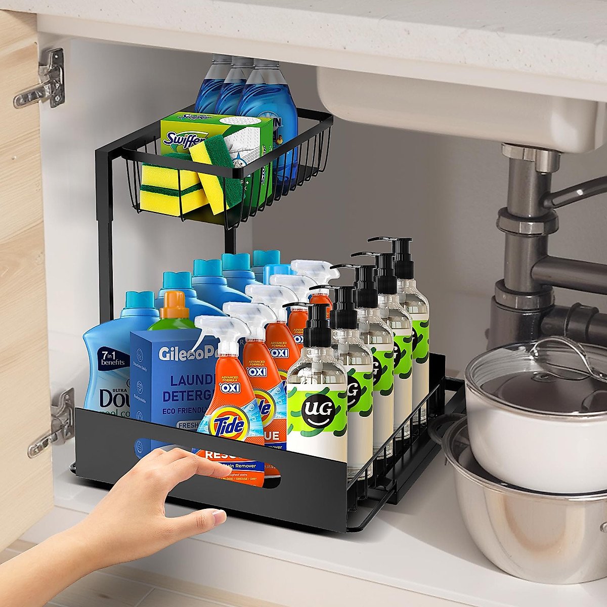 HOMSAILMO Under Sink Organizer and Storage, 2-Tier L-Shaped Kitchen Organization Rack, Heavy-Duty Multi-Purpose Storage Shelf with Sliding Cabinet Drawer for Bathroom, Pantry