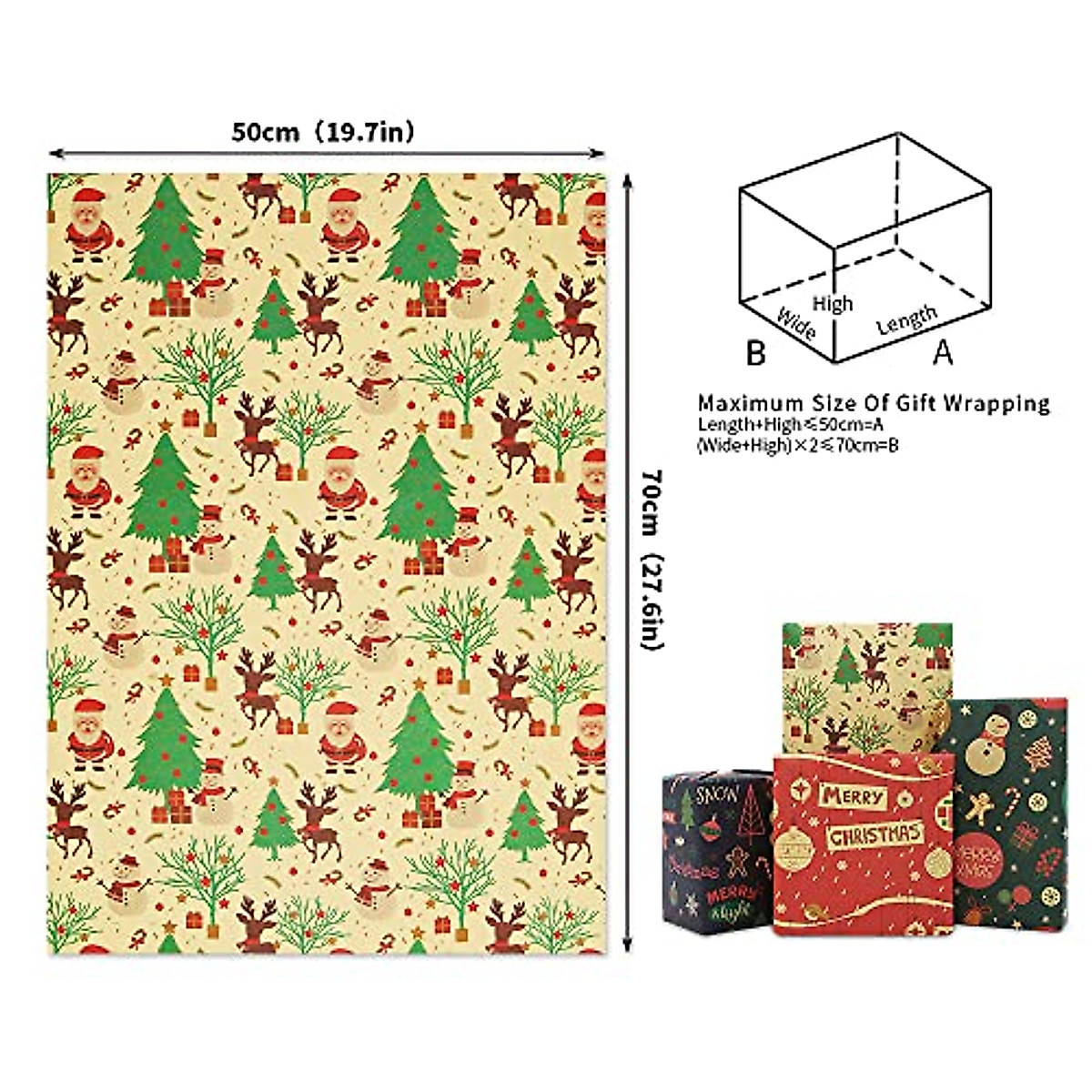 Christmas Wrapping Paper, Gift Wrapping Papers, 20 x 28 inches per sheet, Santa Snowmen Deer Bell Tree Kraft Wrapping Paper for Family Friends Kids lovers on Christmas or Birthday(4 Designs 12 sheets)