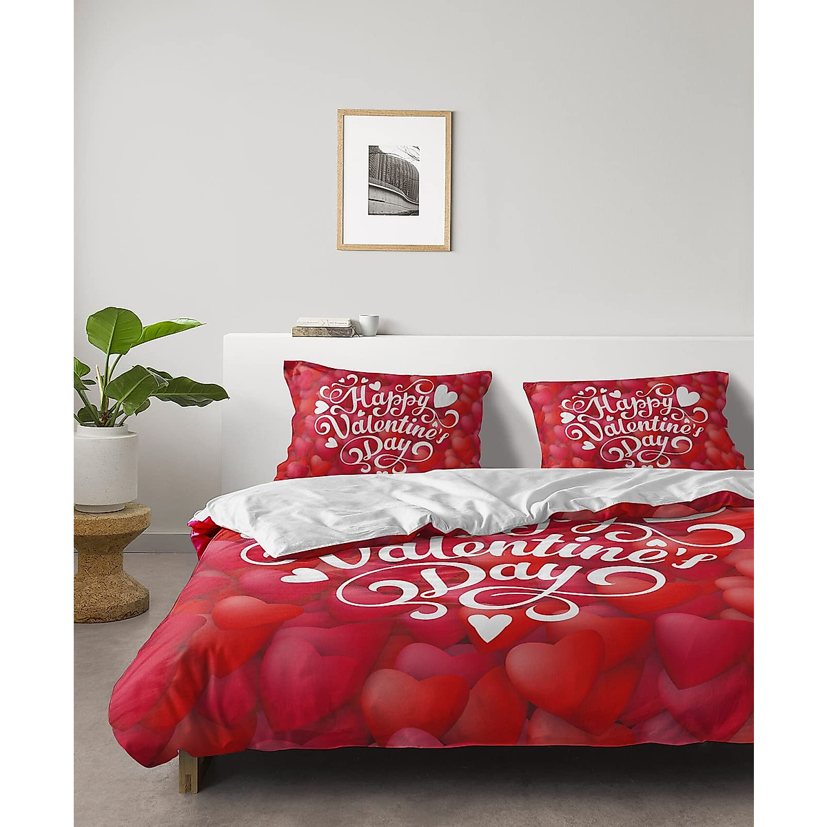 4 Pieces Queen Size Duvet Cover Bedding Sets Happy Valentine's Day Soft Bedspread Flat Sheet Decorative Pillowcases Funny Text on Red Love Heart Backdrop for Bedroom