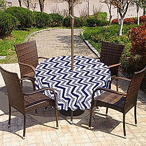 Lirduipu Chevron Pattern Round Outdoor Tablecloth,Outdoor Round Tablecloth with Umbrella Hole - Water Resistant Spillproof,for Patio Garden Tabletop Decor(52" Round,Navy Blue White)