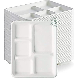 Leafarms 100% Compostable 10x8 / 5 Cp Tray [125-Pack], Heavy Duty Eco-Friendly Dinner Plates Disposable I Biodegradable Unbleached Sugarcane Eco Trays - (Color - White)