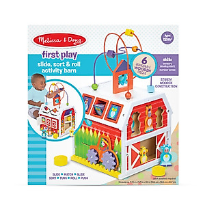 Melissa & Doug First Play Slide, Sort & Roll Wooden Activity Barn with Bead Maze, 6 Wooden Play Pieces (11.75” x 11.75” x 20” Assembled)
