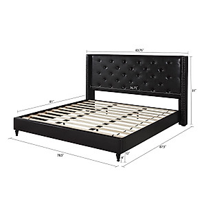 King Upholstered Platform Bed Frame with 51" Tall Headboard - Button Tufted Leather Bed - Wood Slat Support with Storage Space - No Box Spring Needed - Easy Assembly - Black - Oliver & Smith Astor