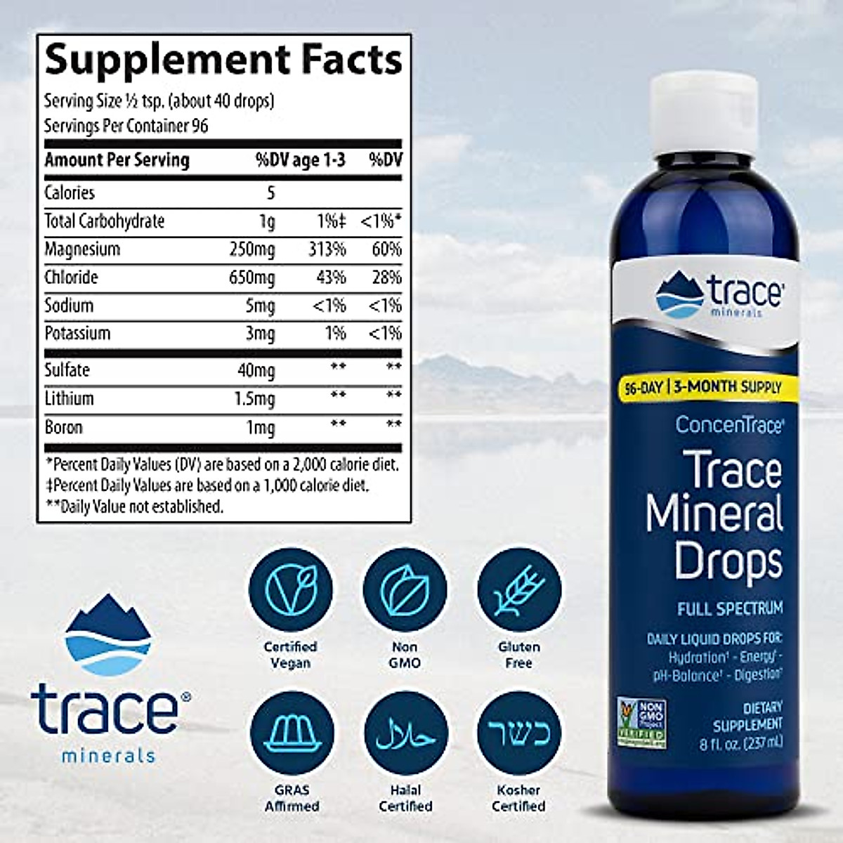 Trace Minerals ConcenTrace Drops | 72+ Minerals, Ionic Liquid Magnesium, Chloride, Potassium | Low Sodium | Energy, Electrolytes, Hydration | 96 Day Supply, 8 fl oz (Pack of 1)