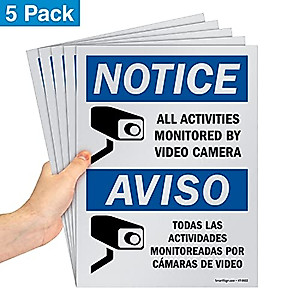 SmartSign (Pack of 5) 12 x 9 inch “Notice - All Activities Monitored By Video Camera” Bilingual Sign, Screen Printed, 10 mil Polystyrene Plastic, Blue/Black on White