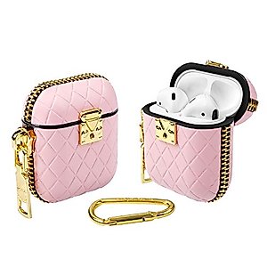 WEISHIJIE Case for AirPods 1, AirPods 2, Genuine Leather AirPods Case with Argyle Pattern & Electroplating Metal Keychain & Gold Buckle (Pink)
