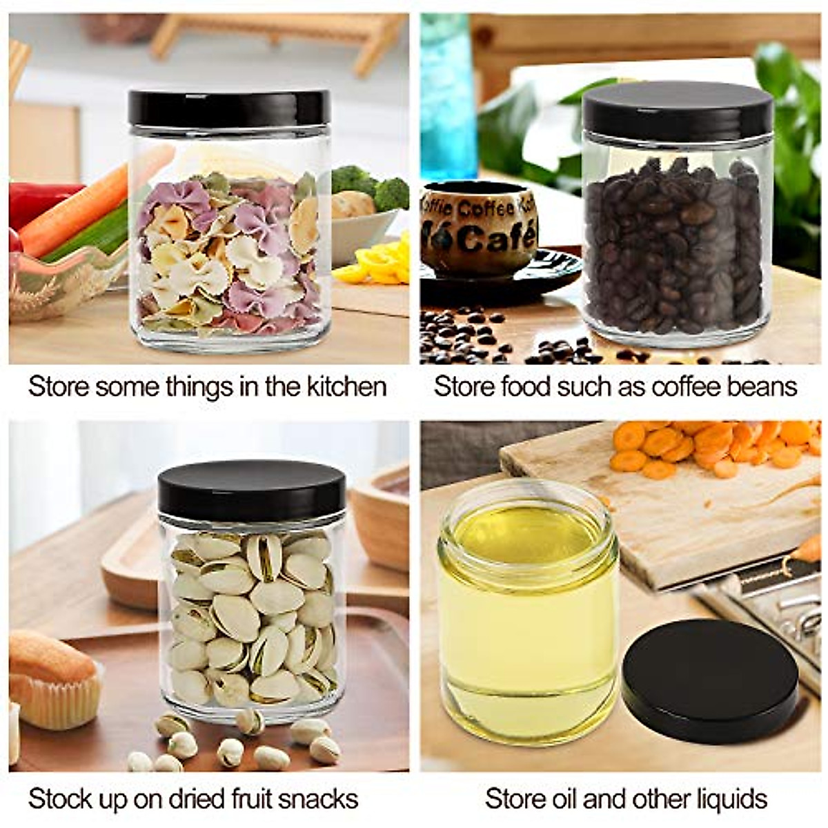 12 Pack 8 oz Clear Glass Jars with Lids, Round Empty Containers for Scrubs, Lotions, Cosmetic, Ointments and Butters, Travel Storage Jar, Black Lids, lables and Spatulas