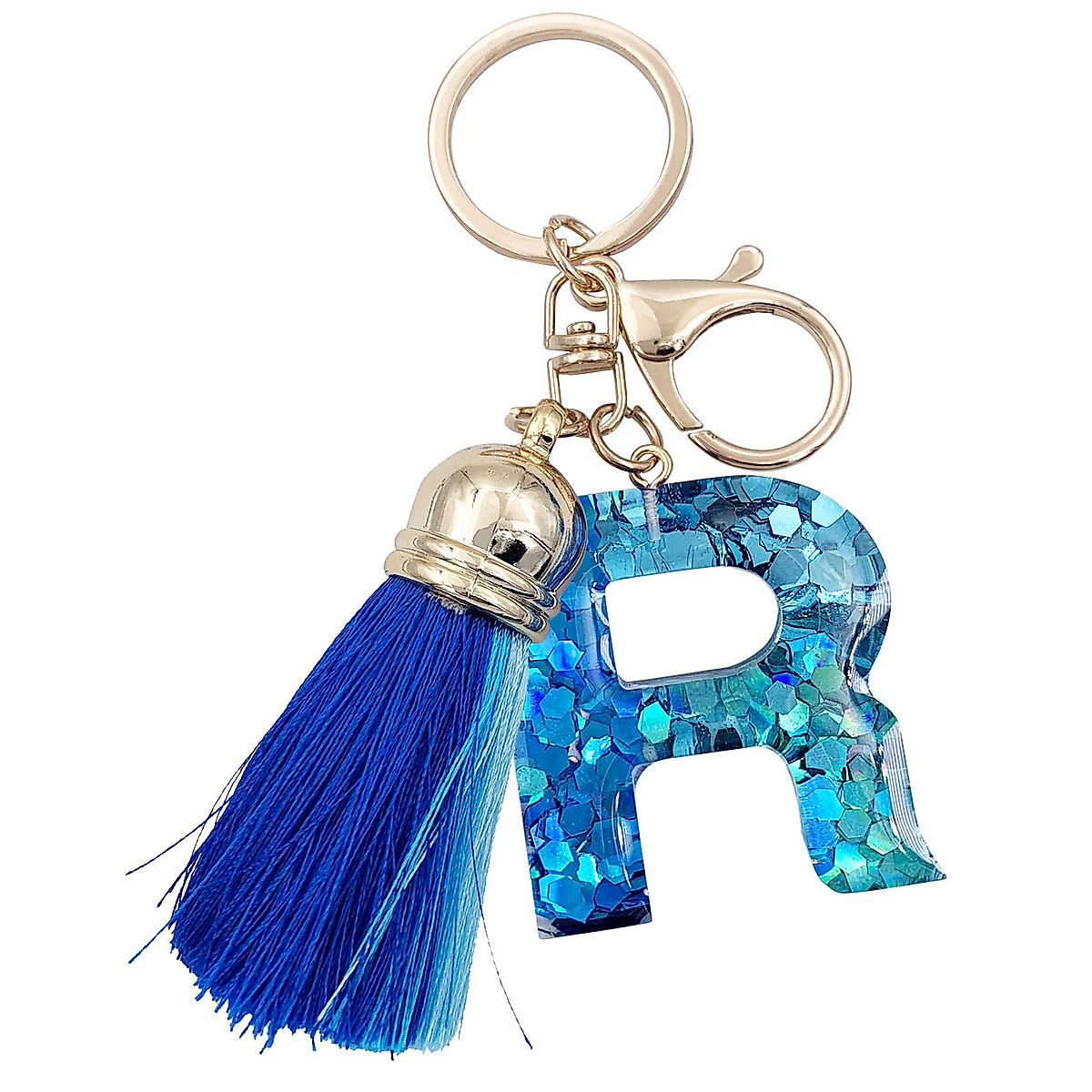 SELOVO Blue Big Tassel Bag Keyring Letter Alphabet R Charm Keychain
