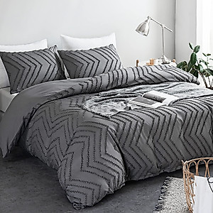 WARMDERN Boho Duvet Cover Set, Tufted Bedding Duvet Covers Soft Washed Microfiber Duvet Cover Twin Size, 2 Pieces Embroidery Shabby Chic Duvet Cover with Zipper Closure(Grey, Twin)