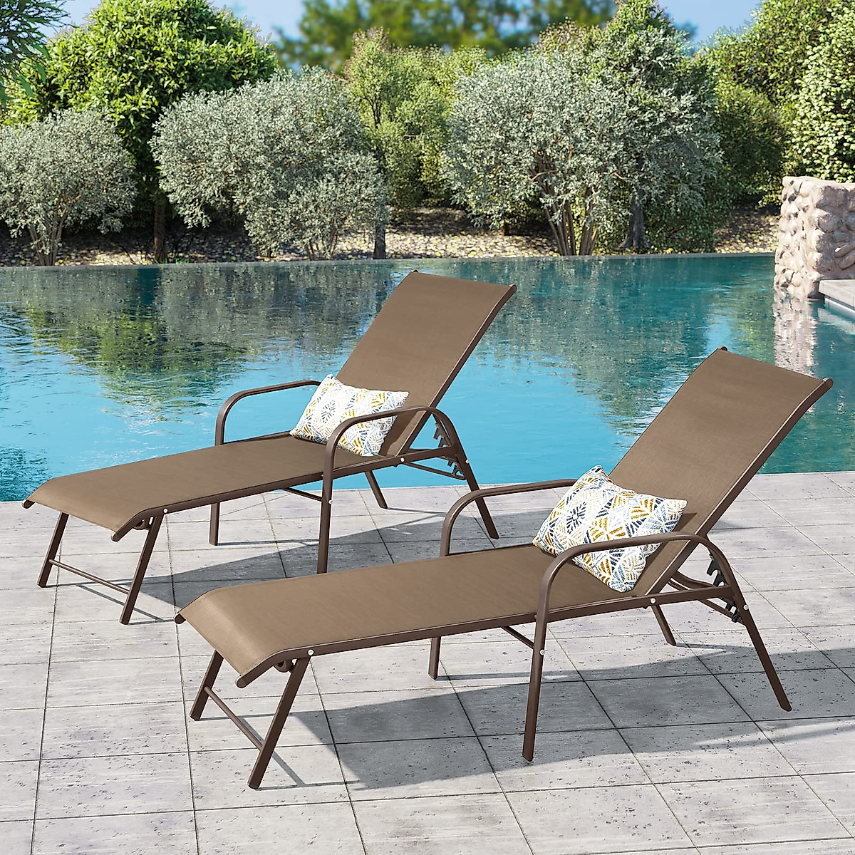 Crestlive Products Chaise Lounge Chair Outdoor with Armrests, Pool Lounge Chairs Set of 2, Aluminum Adjustable 5 Positions Sun Tanning Lounger for Patio, Poolside, Yard, Deck, Backyard (Brown)