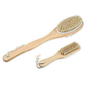 VOCOSTE Dry Brushing Body Brush Set, Shower Brush with Soft and Stiff Bristles, Dual Sided Long Handle Back Scrubber, Face Exfoliator for Wet or Dry Brushing