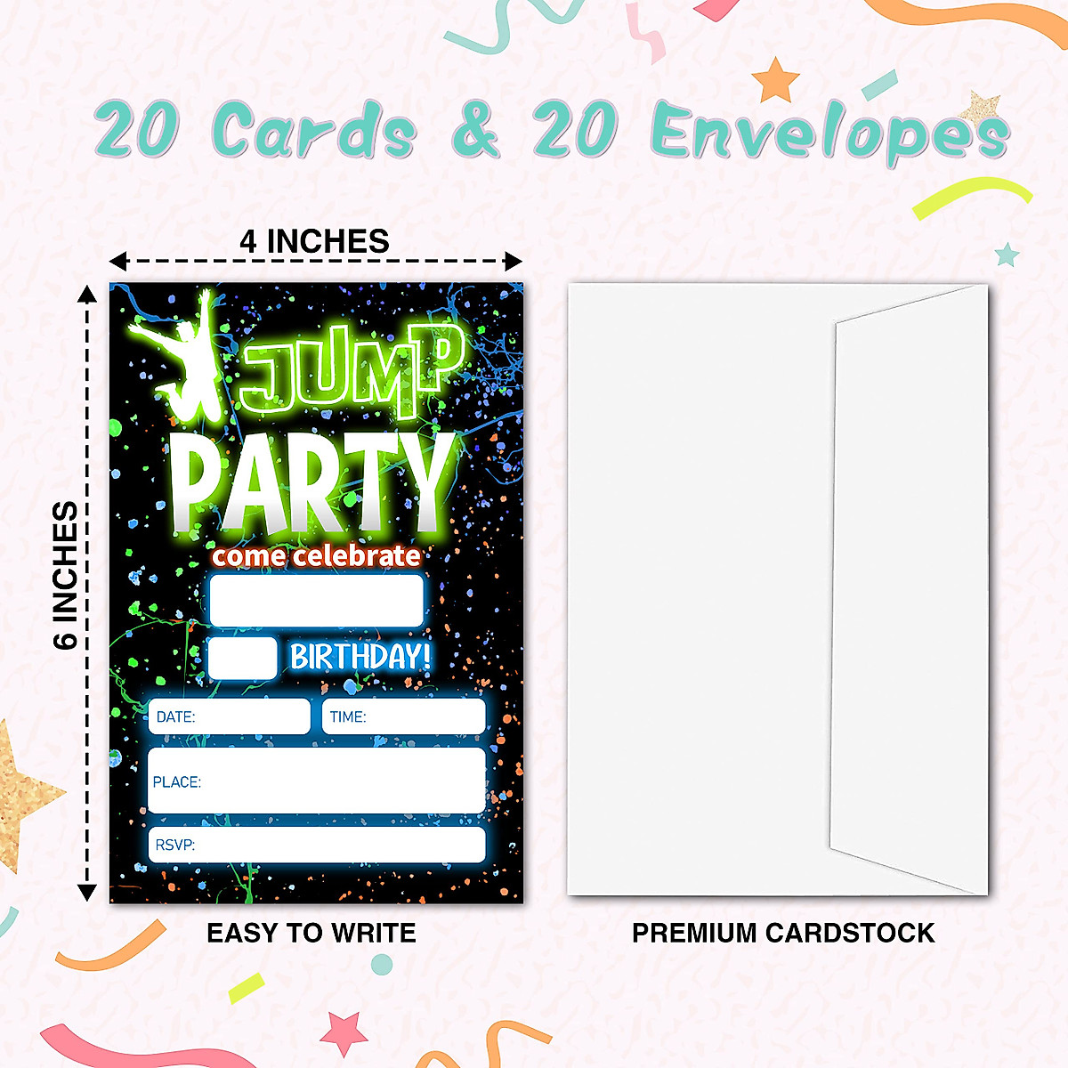 TIOFUNO Glow Jump Birthday Party Invitations(4" X 6"), Trampoline Park Bounce House Party Fill-In Invites, 20 Invitation Cards With Envelopes-B03