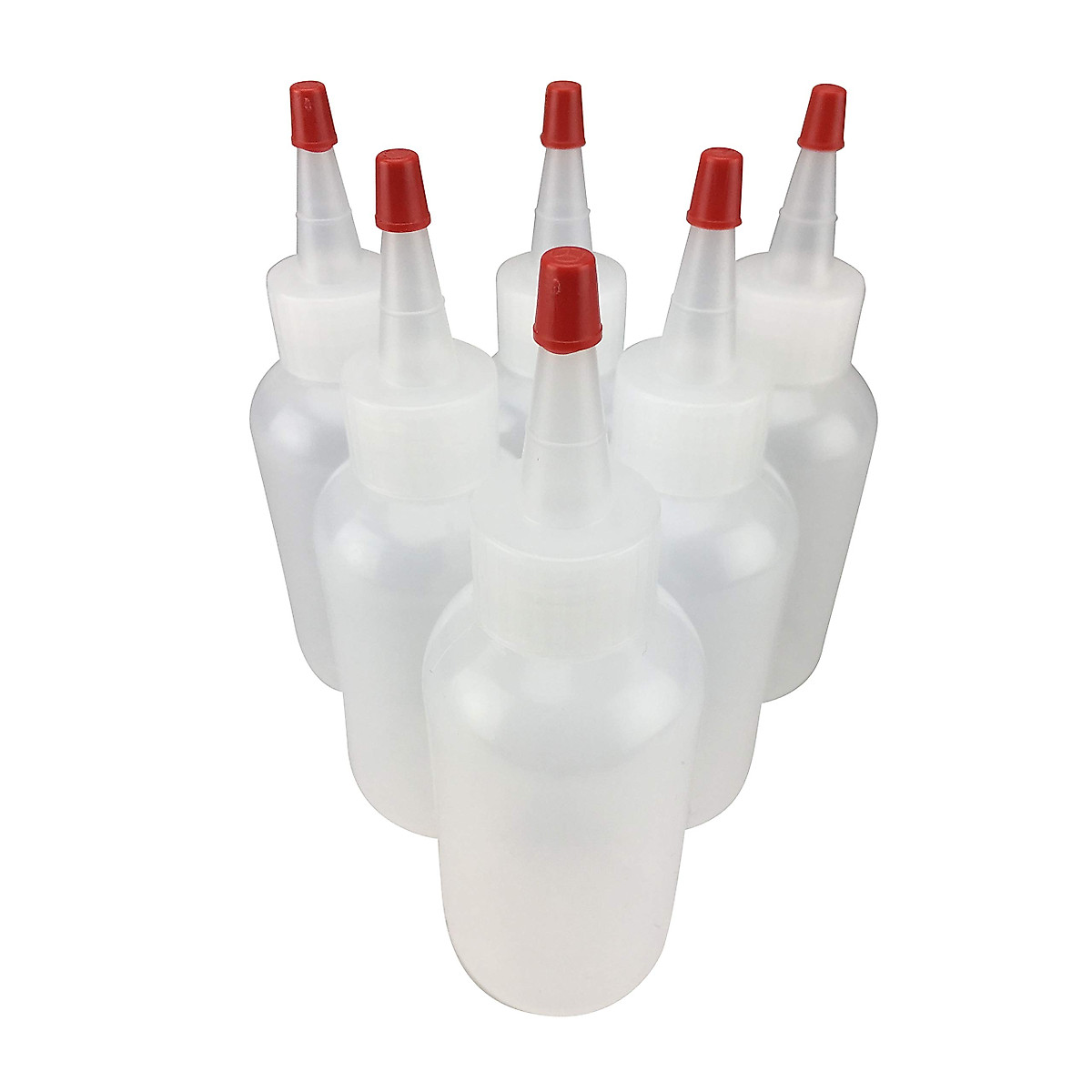 Hobbyland Squeeze Bottles, LDPE Plastic Bottles, Natural Boston Round Bottles, Yorker Spout Red Caps, Tips have .30 Hole (4oz, 24/410 Neck, 6 Bottles)