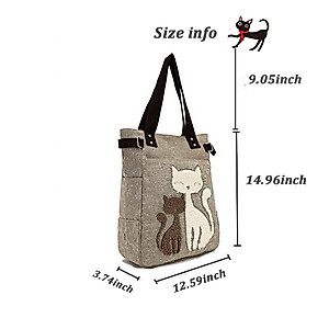 Canvas Tote Handbag for Women Cute Cat Embroidery Shoulder Purse Large Zipper Travel Work Shopping Grocery Bags