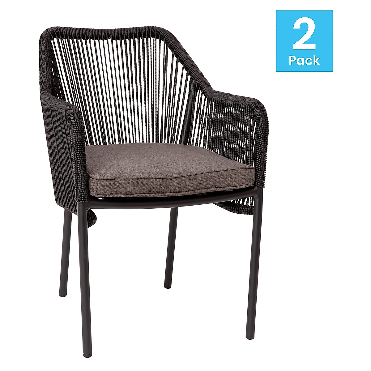 Flash Furniture Kallie Set of 2 Indoor/Outdoor Stacking Club Chairs with Arms - UV Resistant Woven Black Seat & Back - Gray Zippered Cushions - Black Aluminum Frame