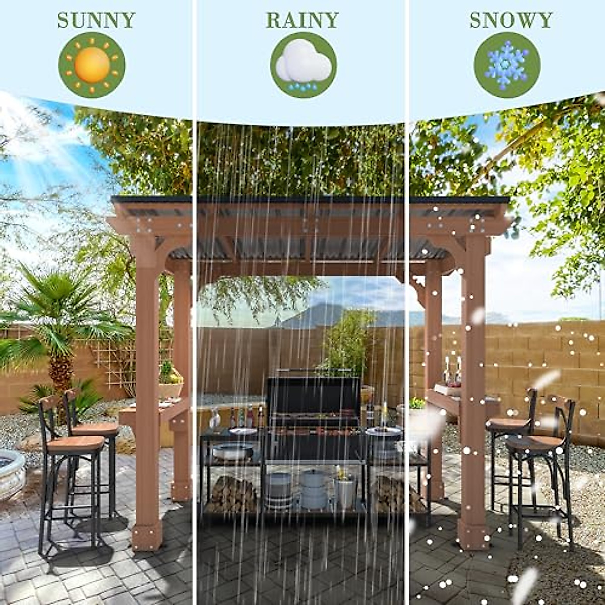 VEIKOU 8’x5’ Grill Gazebo, Patio Gazebo with Hardtop Metal Roof, Rainwater Drainage, Wood Frame, BBQ Gazebo for Barbecue, Backyard, Garden, Rustic