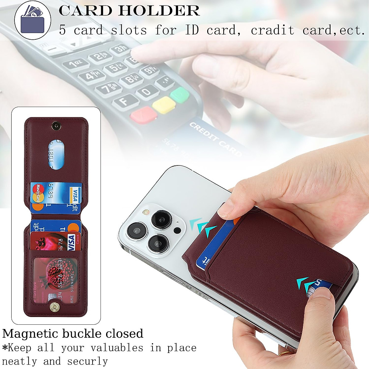 Ｈａｖａｙａ Magnetic Card Wallet Holder with MagSafe for iPhone 16 Pro Max/16 Pro/16 Plus/16/15 Pro Max/15 Pro/15 Plus/15/14 Pro Max/14 Plus/14 Pro/14/13 Pro Max/13 Pro/13/12/12 Pro/12 Pro Max-Wine Red