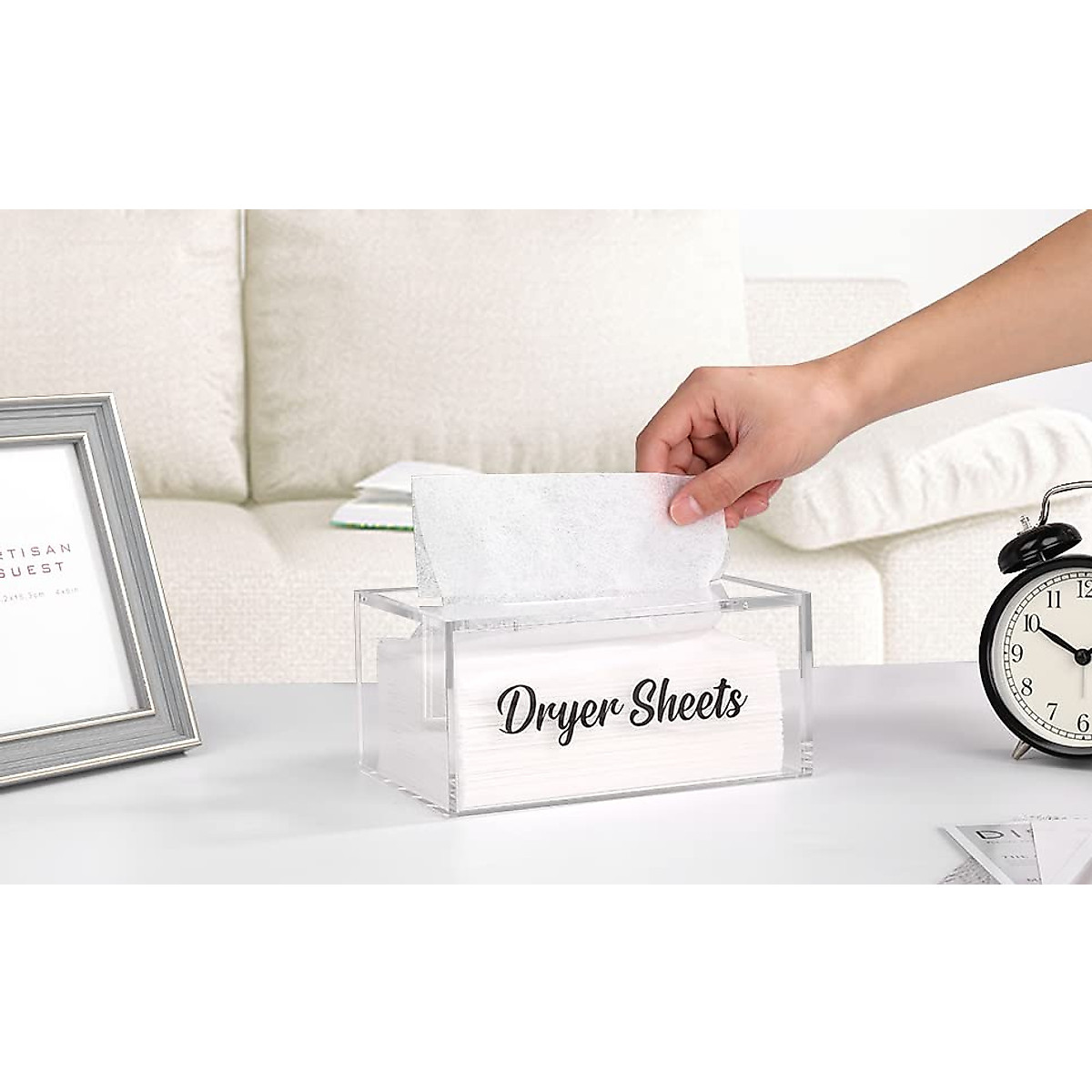 Dryer Sheet Holder, Acrylic Dryer Sheet Dispenser with Hinged Lid, Laundry Room Organization & Decor Box, Container Storage for Fabric Softener Sheets - Clear