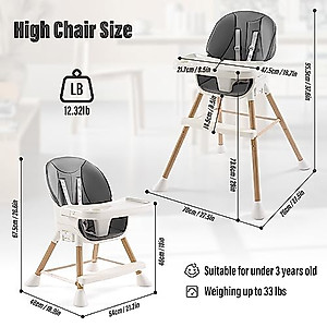 High Chairs for Babies and Toddlers, Xhakchik 6-in-1 Convertible High Chair for Toddlers, Baby High Chair with Adjustable Function, Removable Tray, Pu Mat and 5-Point Harness (Dark Grey)