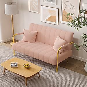Klwenas Maec 59" Modern Cashmere Loveseat Sofa,Tufted Small Love Seat w/2 Pillows Golden Chrome Legs,2-Seater Upholstered Mini Sofa Couches for Small Space,Living Room Home Office (Pink)