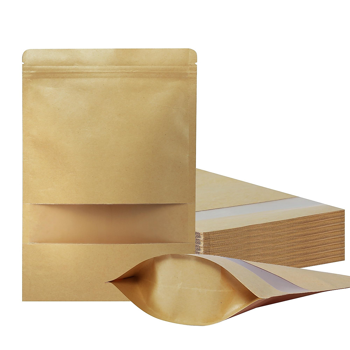 100 Packs Kraft Stand Up Paper Bags with Window(10" x 7") Resealable Bags for Small Business, Food, Sealable Treat Bags for Packaging,Snacks,Candy,Cornmeal,Coffee