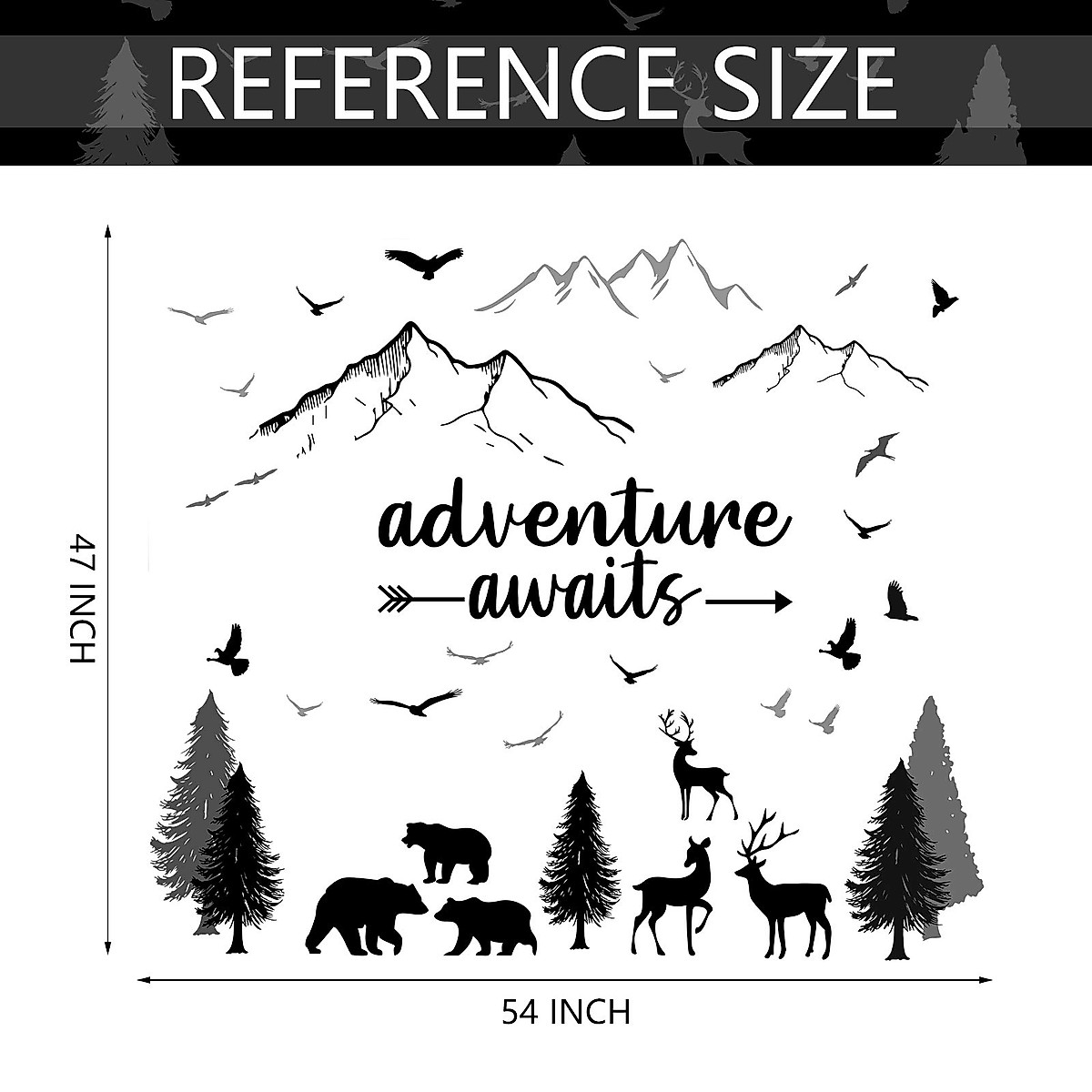 Pajean Woodland Nursery Wall Stickers Tree Wall Decals Vinyl Wall Quotes Stickers Jungle Wild Mountain Forest Animal Deer Bear DIY Stickers for Kids Room Decor Boy Living Room Bedroom, 9.8 x 13.8 Inch