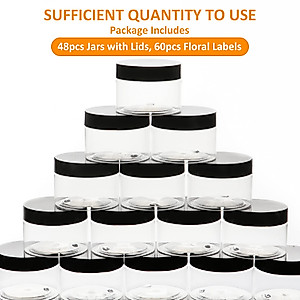 4oz Plastic Containers with Lids 48Pack, Jaisie.W Clear 4 oz Plastic Jars with Lids&Labels- Refillable Cosmetic Small Containers with Black Screw Lid/Slime Containers (4 fl.oz, 48Pack)