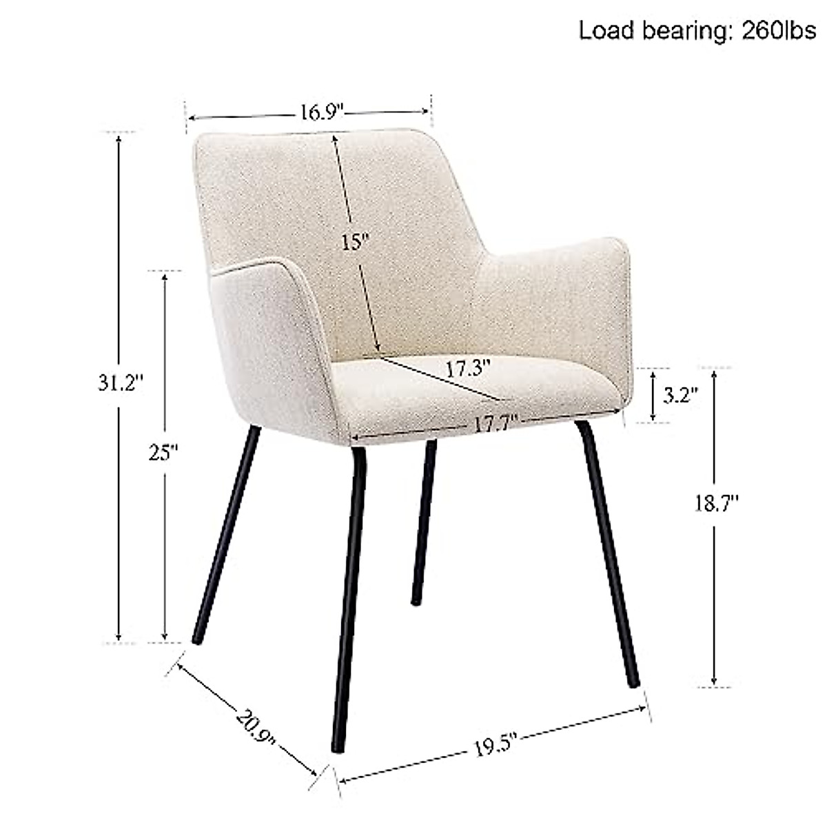 ONEVOG Beige Dining Chairs Set of 2, Kitchen Dining Room Chair with Curved Back Support, Upholstered Fabric Kitchen Chairs for Small Space, Black Metal Legs Dining Chairs