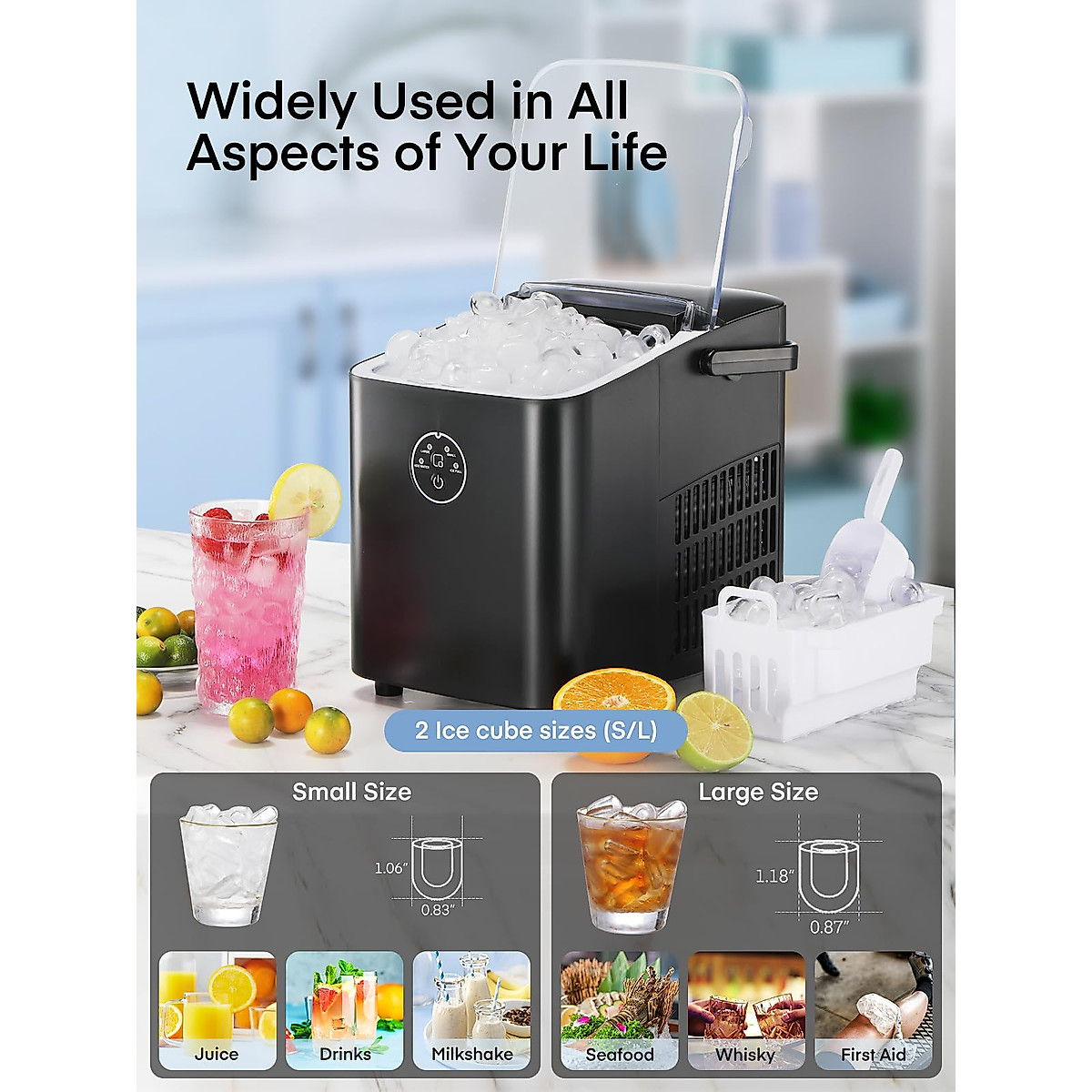 FOHERE Countertop Ice Maker with Handle, Portable Ice Machine Self-Cleaning, 28 lbs in 24Hrs, 2 Sizes of Bullet Ice, Ice Ready in 6 Mins, with Ice Scoop & Basket, for Home/Kitchen/Camping/RV