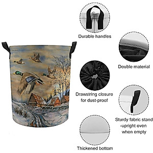 Brebasf Abstract Hunting Theme Duck Dirty Clothes Hampers Drawstring Large Volume,Vintage Farmhouse Oil Painting Forest Chickens Ducks Laundry Hamper Storage Basket-13.8"W X13.8"L X17.3"H